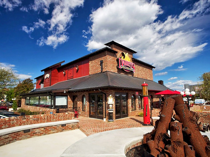 The brick exterior of Darryl's stands like a culinary fortress, complete with its distinctive water tower&mdash;architectural proof that good taste extends beyond the menu. 