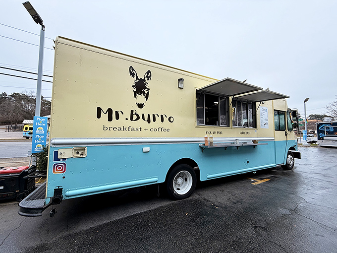 The mint-blue and cream-colored Mr. Burro food truck stands ready to serve, its donkey logo promising stubborn dedication to breakfast perfection.