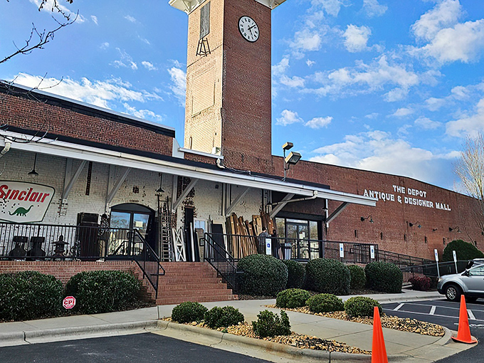 The imposing brick facade and clock tower of Gibson Mill stands as a sentinel of history, transformed from textile production to treasure hunting headquarters. 