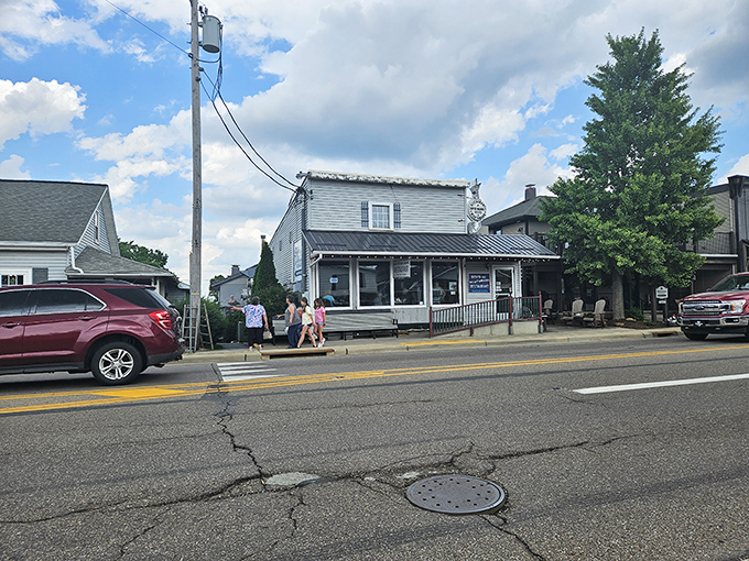 The quintessential Amish Country dining experience awaits at this unassuming white clapboard building, complete with horse-drawn buggies parked outside.