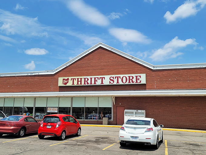 The brick facade of Ohio Thrift Store stands like a temple to secondhand treasures, promising adventures in bargain hunting behind its unassuming exterior.