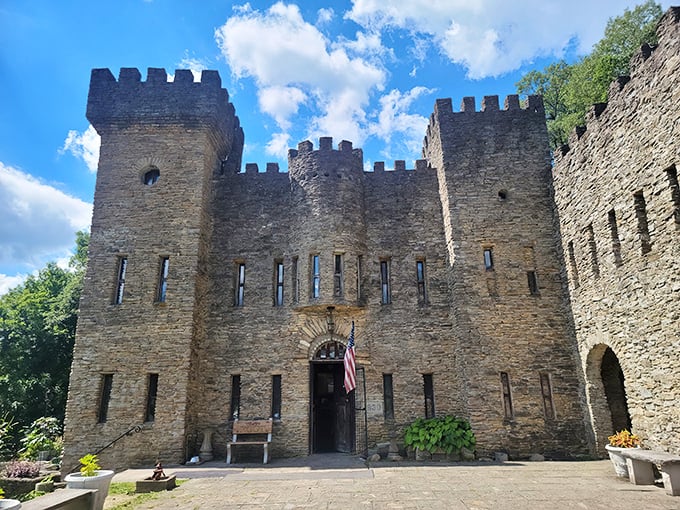 The stone fortress rises from Ohio soil like a medieval mirage, complete with crenellated towers and courtyard&mdash;proof that European dreams can take root in American ground.