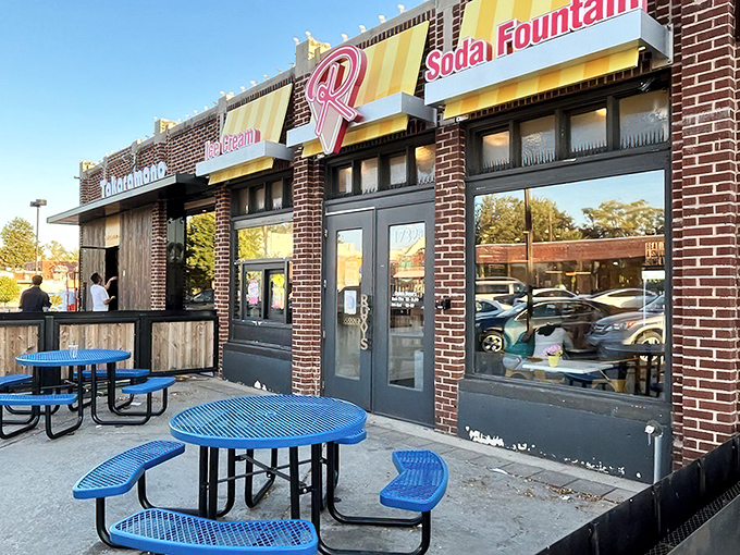 The iconic yellow awnings and signature "R" logo of Roxy's beckon like a sweet siren call, promising frozen bliss in Oklahoma City's vibrant Plaza District.