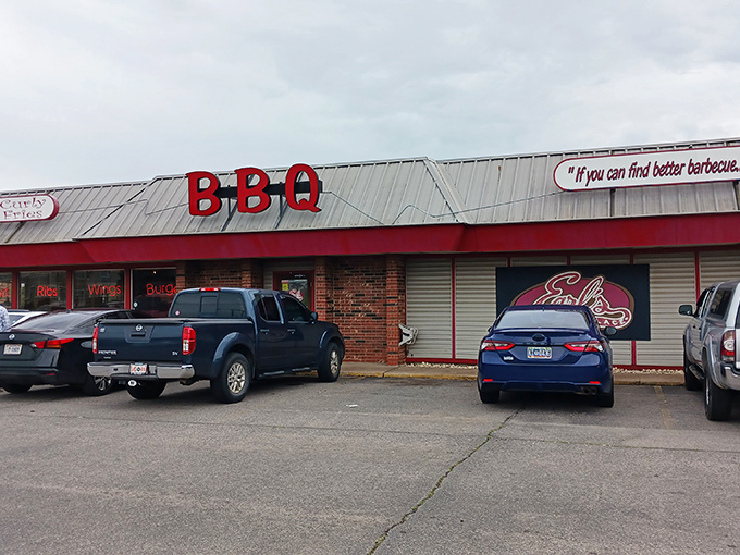 The unassuming exterior of Earl's Rib Palace hides barbecue greatness behind that bold red BBQ sign. Like finding a diamond in a strip mall.