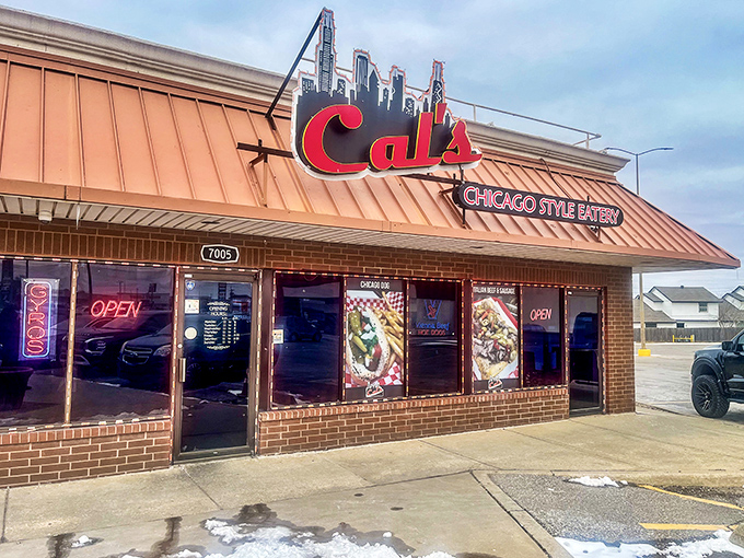 The bright red "Cal's" sign beckons like a lighthouse for the hungry, promising Chicago flavors in the heart of Oklahoma City.