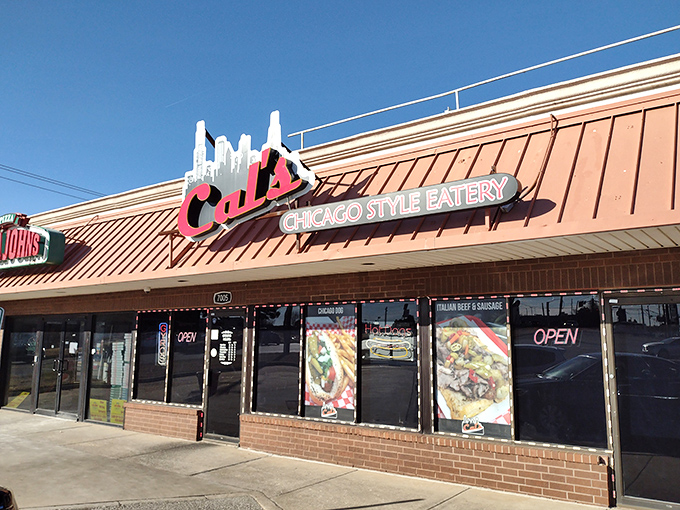 Cal's iconic storefront beckons like a lighthouse for hungry Oklahomans, its red sign promising authentic Chicago flavors in the heart of OKC.