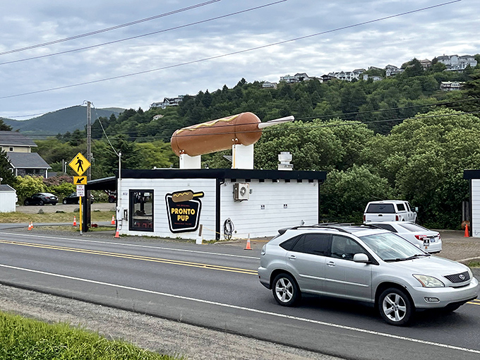 Highway 101's most eye-catching landmark isn't a lighthouse&mdash;it's a giant hot dog on a roof beckoning hungry travelers to Rockaway Beach. 