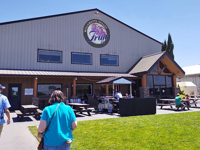The rustic charm of Willamette Valley Pie Company beckons from the roadside like a delicious mirage in Oregon's agricultural heartland.