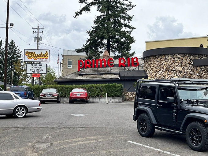 The stone facade and bold red signage of Clyde's stands as Portland's beacon for carnivores, promising old-school delights within those walls.