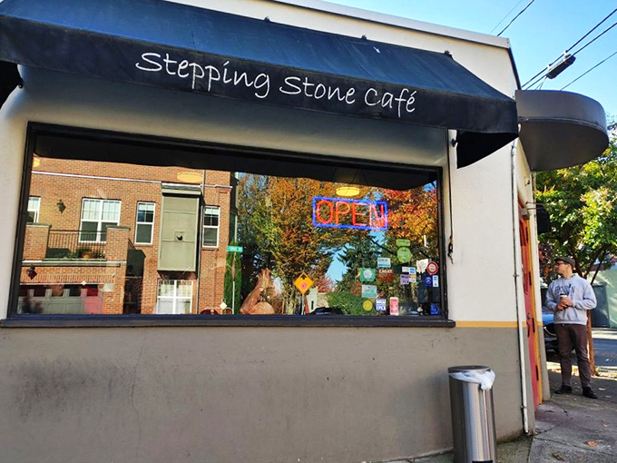 The unassuming exterior of Stepping Stone Caf&eacute; beckons with its simple black awning and glowing neon "OPEN" sign&mdash;Portland's version of "Come on in, the breakfast is fine!"
