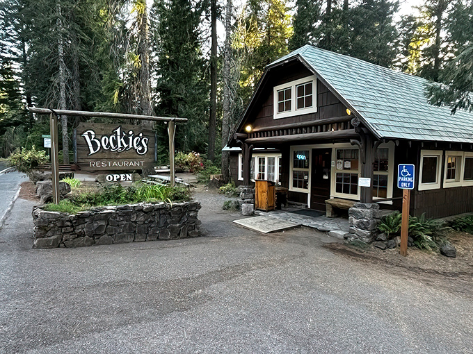 Nestled among towering pines, Beckie's rustic cabin exterior promises woodland charm and homestyle comfort before you even step inside. 