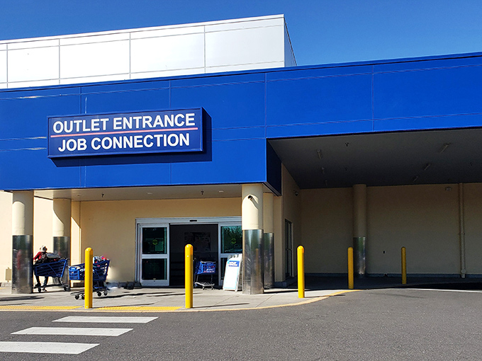 The blue and white facade of Goodwill's Outlet Entrance isn't just a storefront&mdash;it's the gateway to Portland's most ambitious treasure hunts.