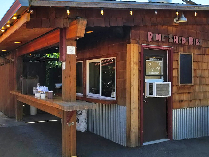 The rustic wooden exterior of Pine Shed Ribs isn't trying to impress anyone&mdash;until you smell what's cooking inside. Barbecue authenticity at its finest.