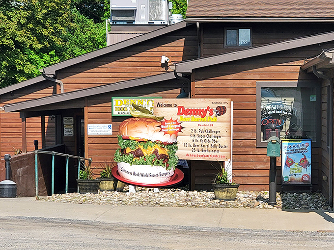 The unassuming wooden exterior of Denny's Beer Barrel Pub hides a temple of burger excess that would make Paul Bunyan do a double-take.