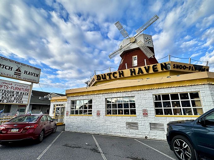 The windmill-topped yellow building isn't subtle about its mission&mdash;proclaiming "America's Best Shoo-Fly Pie" with the confidence of someone who knows they're right. 