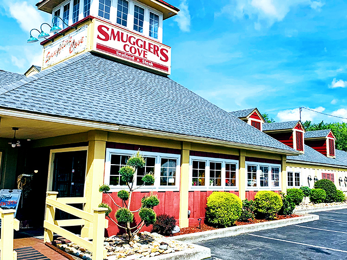 The lighthouse-inspired cupola atop Smuggler's Cove beckons seafood lovers like a maritime beacon, guiding hungry travelers to this Pocono Mountains treasure.