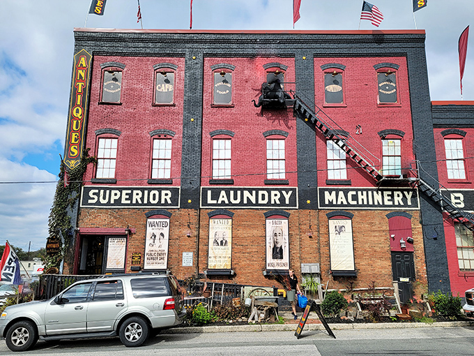 The imposing brick façade of Bootleg Antiques stands proudly on Columbia's main street, its vintage signage promising treasures within.
