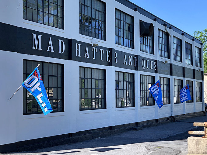 The imposing white facade of Mad Hatter Antiques stands like a time machine disguised as a warehouse. Step inside and prepare to lose track of hours!