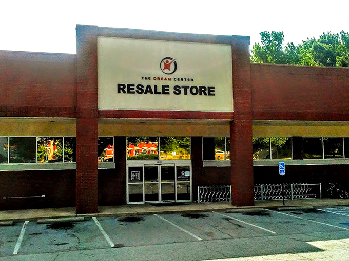 The unassuming brick exterior hides a wonderland of secondhand treasures, like finding Narnia in a strip mall. Adventure awaits behind those glass doors!