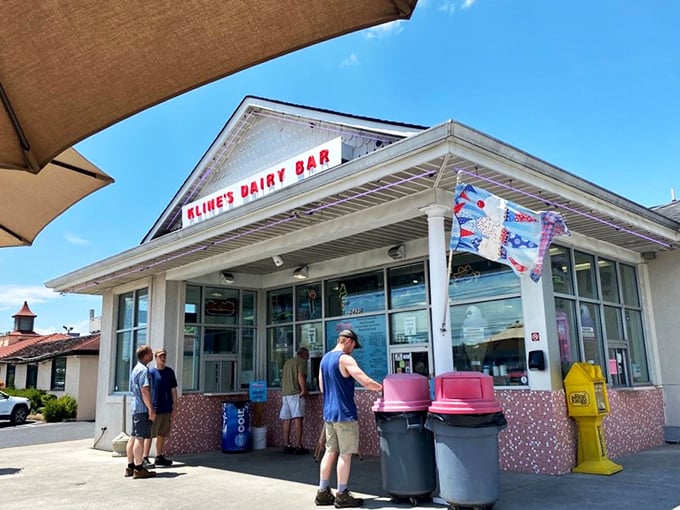 The iconic red lettering of Kline's Dairy Bar beckons like a lighthouse for ice cream pilgrims. Simple, unpretentious, and promising cold comfort on hot Virginia days.