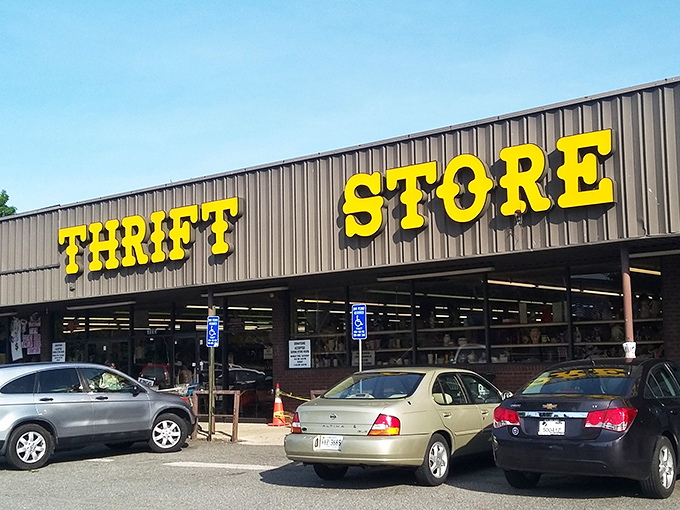 The bold yellow lettering of "THRIFT STORE CENTER" beckons like a siren song to bargain hunters. No fancy frills, just the promise of treasures waiting inside.