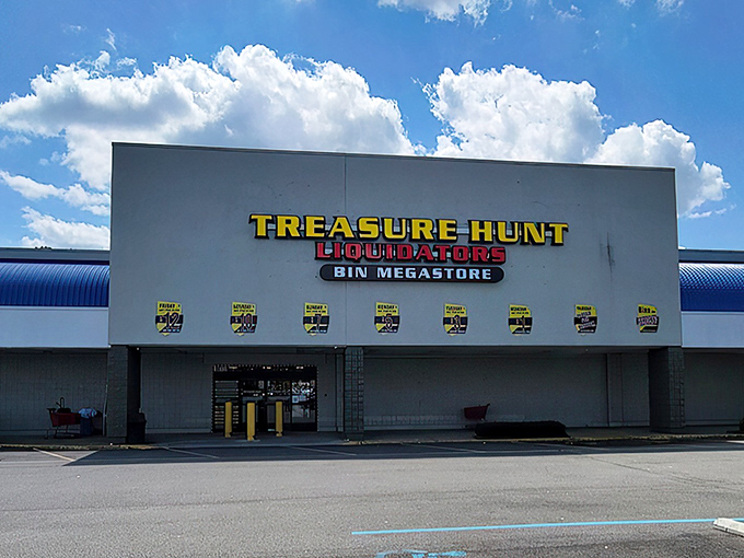 The bright yellow signage of Treasure Hunt Liquidators beckons bargain hunters like a retail lighthouse in Norfolk's commercial landscape.