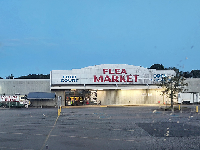 The no-frills exterior says it all: "FLEA MARKET" in bold red letters—a siren call to bargain hunters that promises treasures await inside.