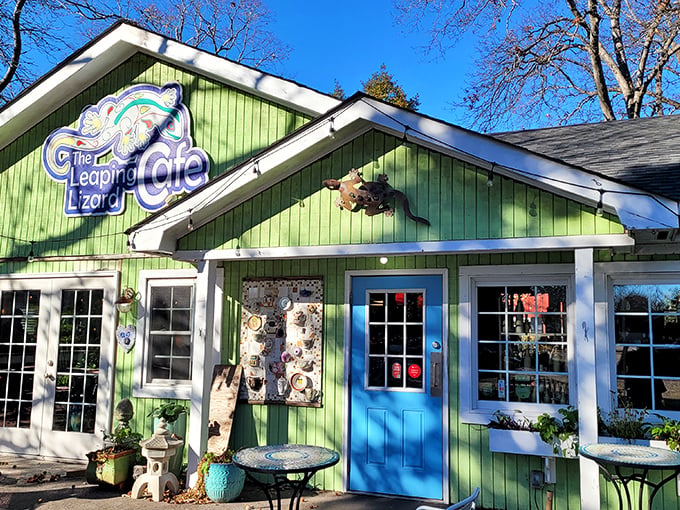 The lime-green cottage with its blue door and whimsical lizard sign is like stumbling into a Dr. Seuss book where delicious food awaits.