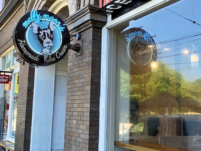 The architectural equivalent of "come hither" &ndash; Molly Moon's storefront beckons with its classic brick fa&ccedil;ade and neon glow, promising sweet relief from Seattle's bustling streets. 