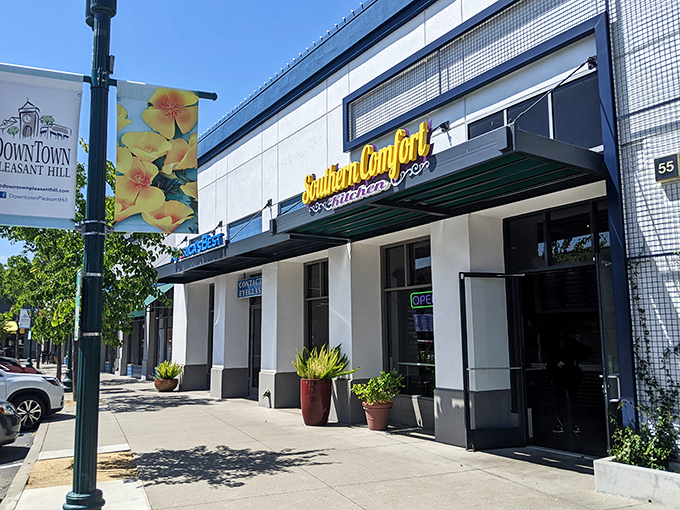 The unassuming exterior of Southern Comfort Kitchen hides culinary treasures within, like finding a jazz club in a phone booth.