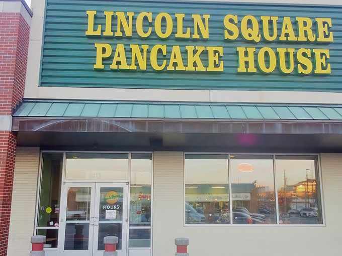The bold yellow letters against that green backdrop aren't just signage&mdash;they're a beacon of breakfast hope on even the gloomiest Indiana morning.