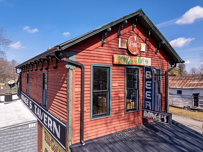 The unassuming red exterior of Bonge's Tavern stands like a culinary lighthouse in rural Indiana, beckoning hungry travelers since 1934.