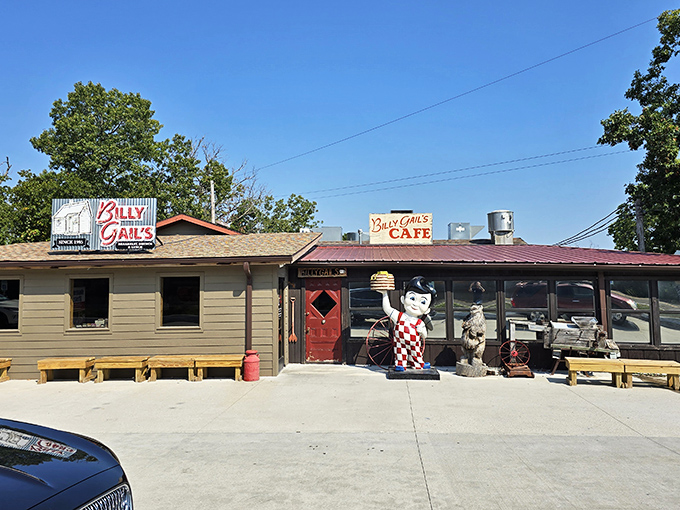 Billy Gail's rustic exterior feels like stepping into a postcard from simpler times, complete with colorful benches and vintage Americana charm. 