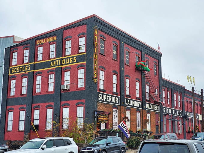 The imposing brick fa&ccedil;ade of Bootleg Antiques stands proudly on Columbia's main street, its vintage signage promising treasures within. 