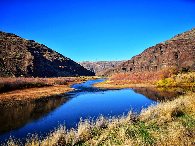The John Day River carves its masterpiece through Cottonwood Canyon, where layered basalt cliffs tell a 16-million-year-old geological story in dramatic fashion. 