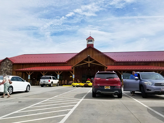 The iconic red roof of Yoder's stands out against Virginia's blue sky like a culinary lighthouse guiding hungry travelers to delicious shores. 