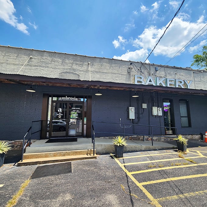 The unassuming exterior of Ambrosia Bakery proves that culinary greatness often hides behind modest facades, like finding Narnia in an ordinary wardrobe.