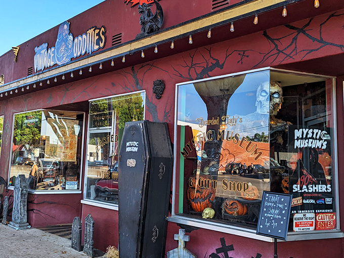 The vintage shop exterior glows with retro charm, beckoning curious souls with its crimson fa&ccedil;ade and twinkling carnival lights. Adventure awaits! 