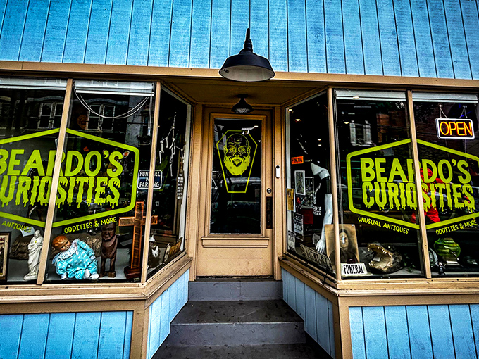 The turquoise facade of Beardo's Curiosities stands out like a beacon for the wonderfully weird, inviting the curious to step into Cincinnati's cabinet of oddities.