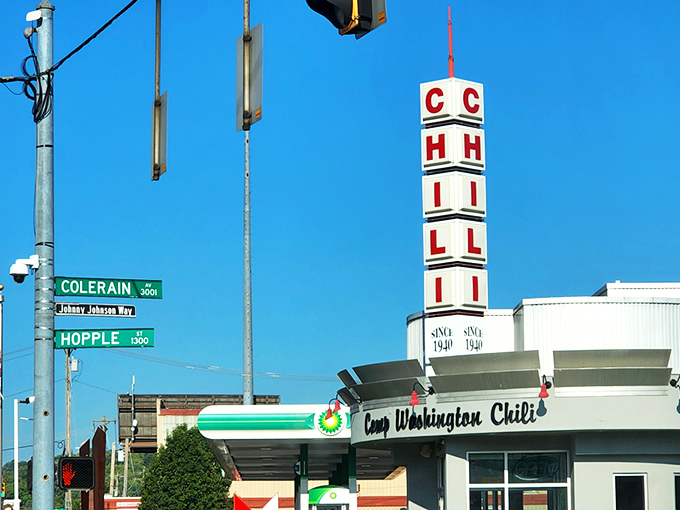 The iconic vertical CHILI sign has been a beacon for hungry Cincinnatians since 1940, standing tall at the corner of Colerain and Hopple.