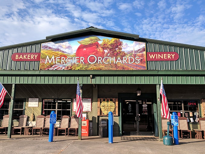 Welcome to paradise! The rustic wooden exterior of Mercier Orchards invites visitors with its "Welcome to Our Farm" sign and promise of U-pick adventures.