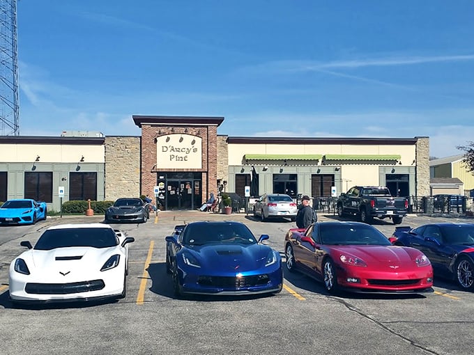 The stone facade of D'Arcy's Pint stands proudly among a lineup of Corvettes, proving good food attracts all types&mdash;from regular folks to midlife crisis enthusiasts.