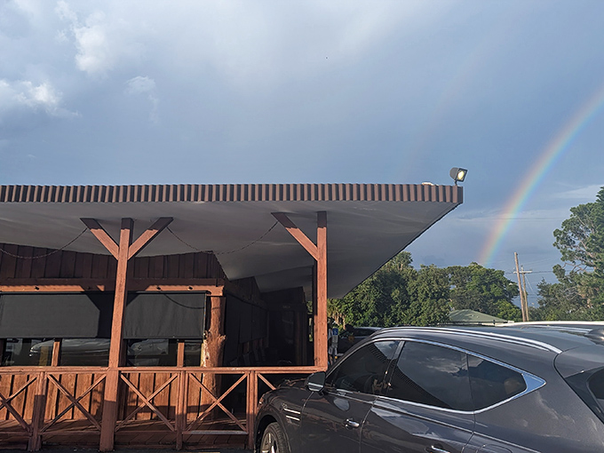 The rustic wooden facade of Gold Rush BBQ beckons like a frontier outpost for hungry travelers. That star above the entrance? It's earned.