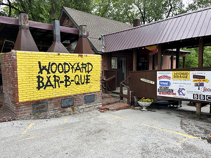 That bright yellow wall isn't just eye-catching&mdash;it's a beacon for barbecue pilgrims. Woodyard's humble exterior houses smoking treasures that have made it a Kansas City legend.
