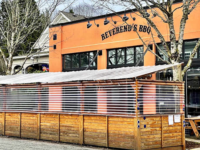 That bright orange facade isn't just a building&mdash;it's a beacon of barbecue hope in Portland's Sellwood neighborhood. 