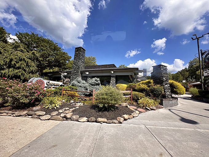 The mountain lodge aesthetic of Cherokee Grill's exterior isn't just for show&mdash;those stone pillars and timber beams practically whisper, "Come in, carnivores. Your sanctuary awaits."