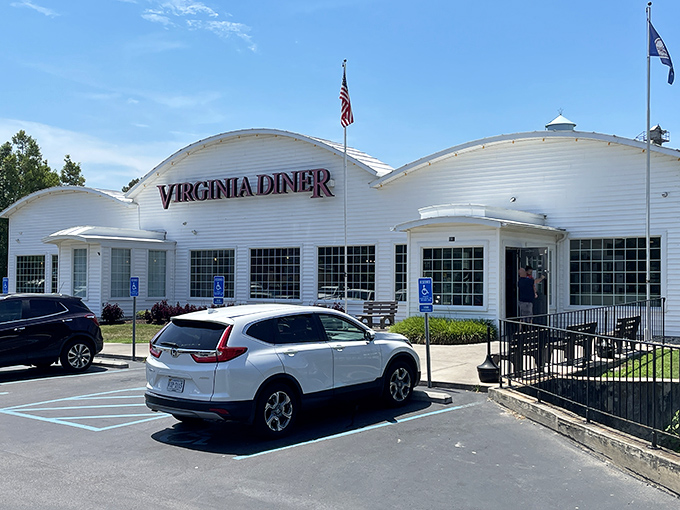 The unmistakable white exterior of Virginia Diner stands proudly along Route 460, a beacon of Southern comfort since 1929.