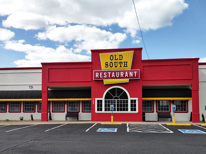 The crimson facade of Old South Restaurant stands like a beacon of comfort food in Russellville, promising Southern hospitality before you even step inside.