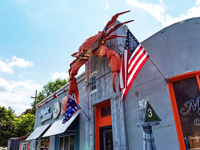 The blue exterior of Mother Shuckers stands out like a coastal mirage in Martinsburg, promising seafood treasures that seem impossible this far from the ocean.