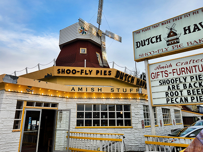 The windmill-topped yellow building isn't subtle about its mission&mdash;proclaiming "America's Best Shoo-Fly Pie" with the confidence of someone who knows they're right.